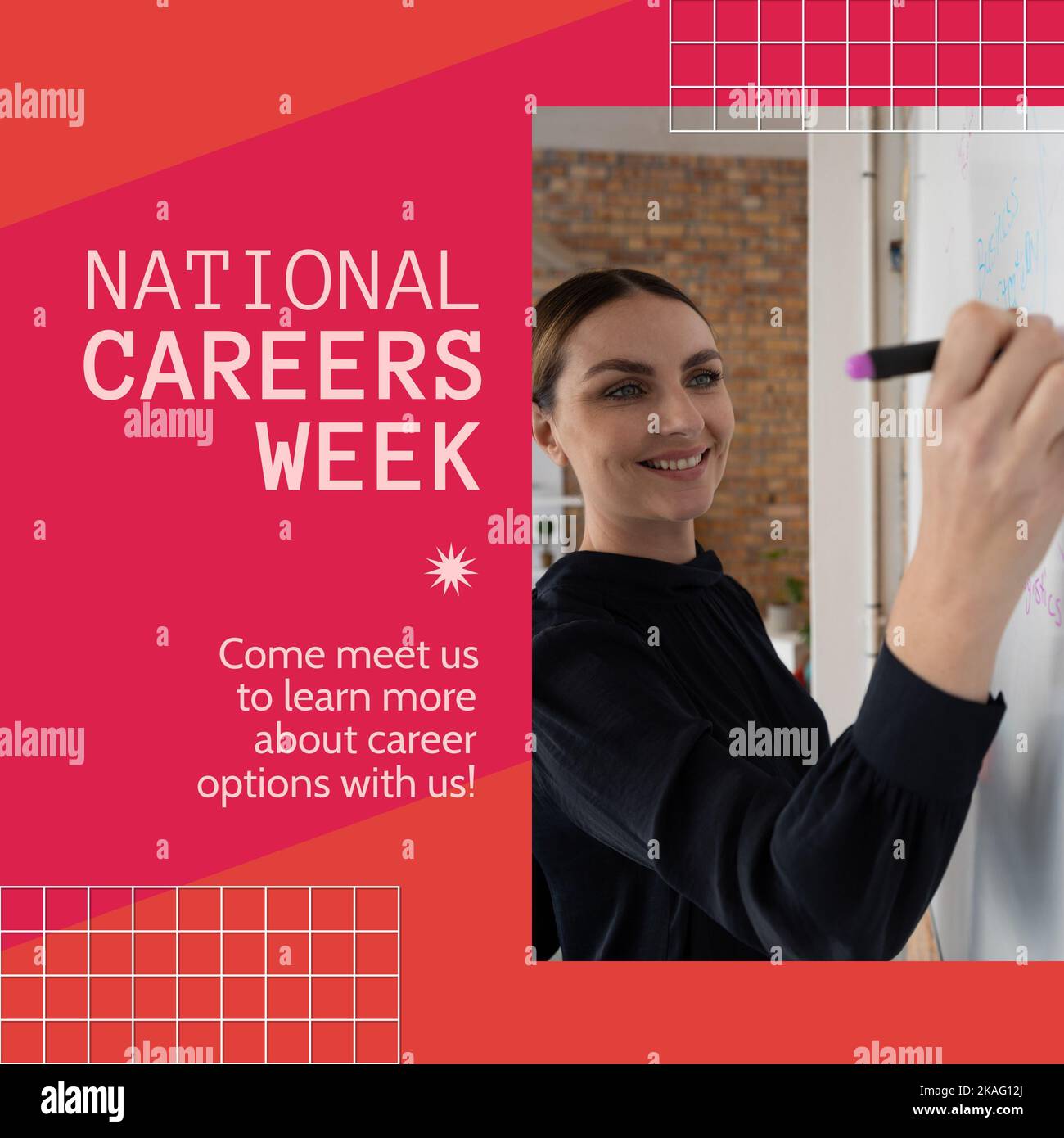 Composition of national careers week text over happy caucasian woman ...