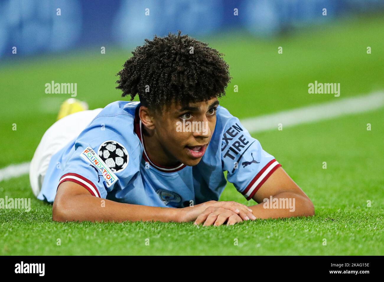 Manchester, UK. 02nd Nov, 2022. Rico Lewis of Manchester City lays on ...