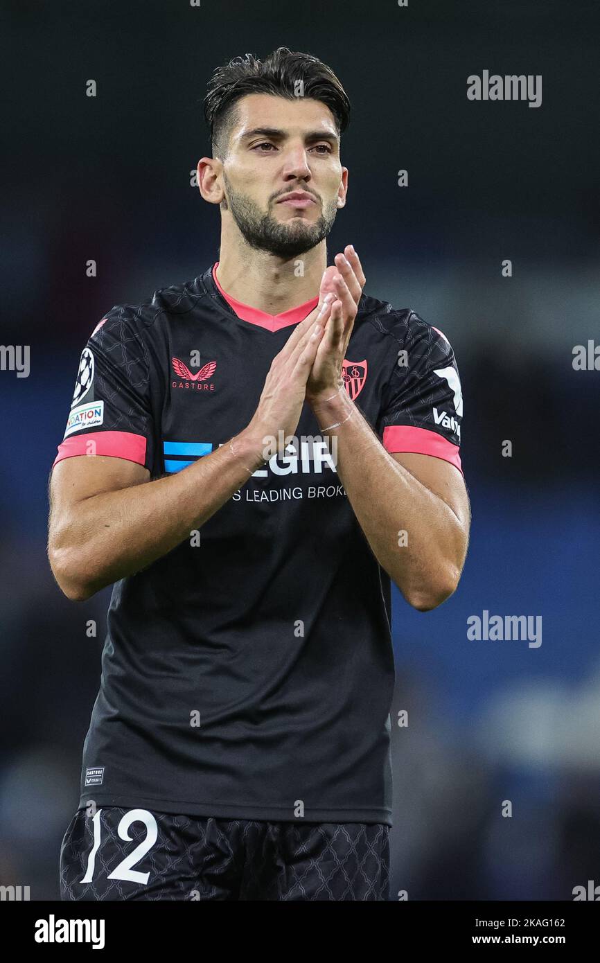 Rafa Mir #12 of Sevilla applauds the travelling fans after the UEFA ...