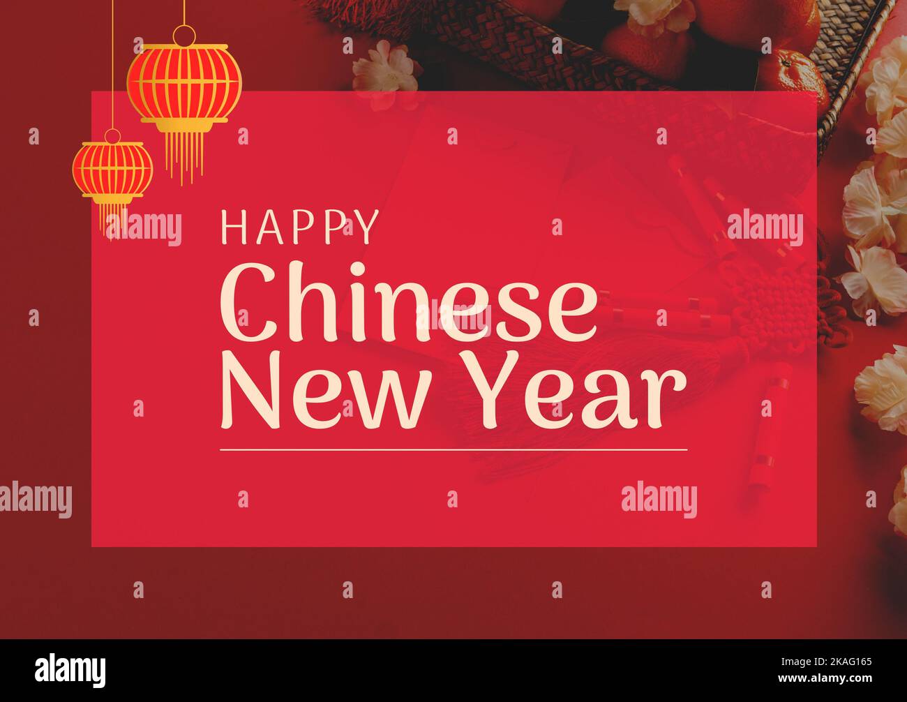 Composition of happy chinese new year text over decorations on red ...