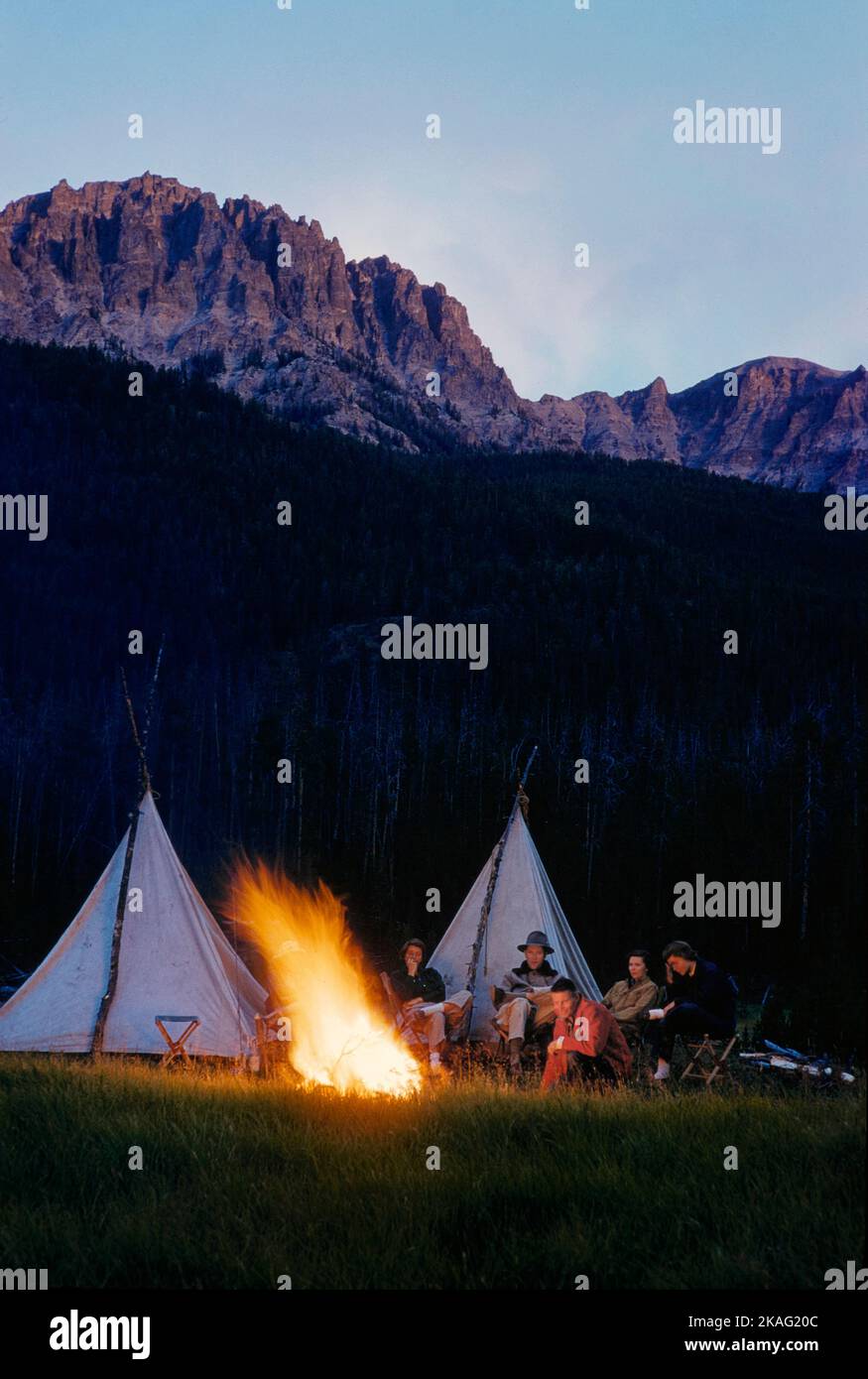 Bonfire at Campsite, Deer Creek Ranch, Wyoming, USA, Toni Frissell ...