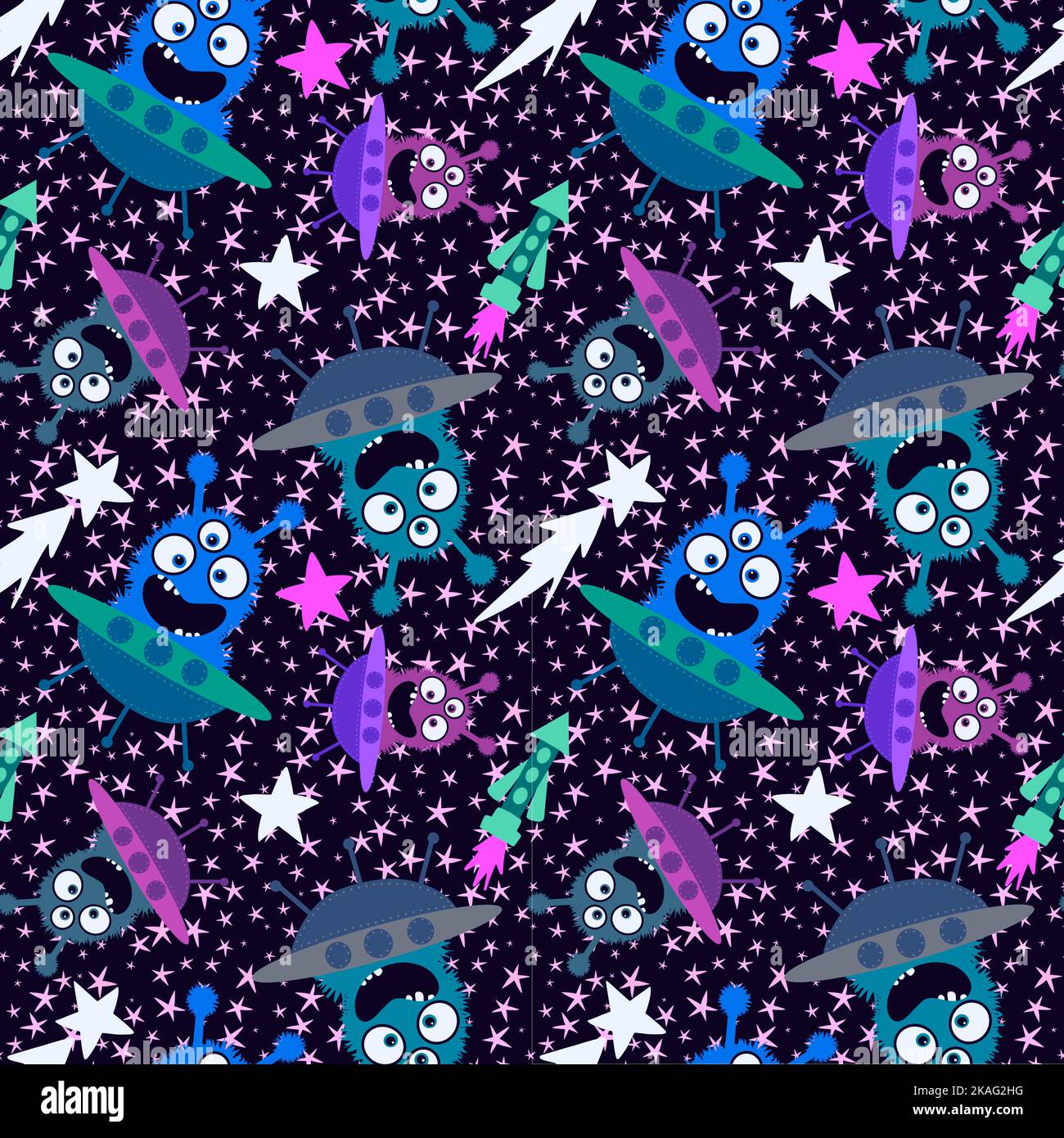 Cartoon aliens monsters seamless spaceship and stars pattern for ...
