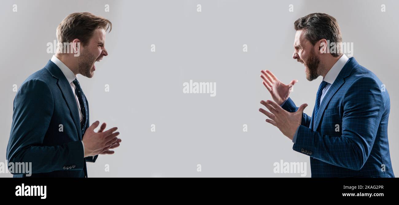 Man face portrait, banner with copy space. dissatisfied men discuss ...