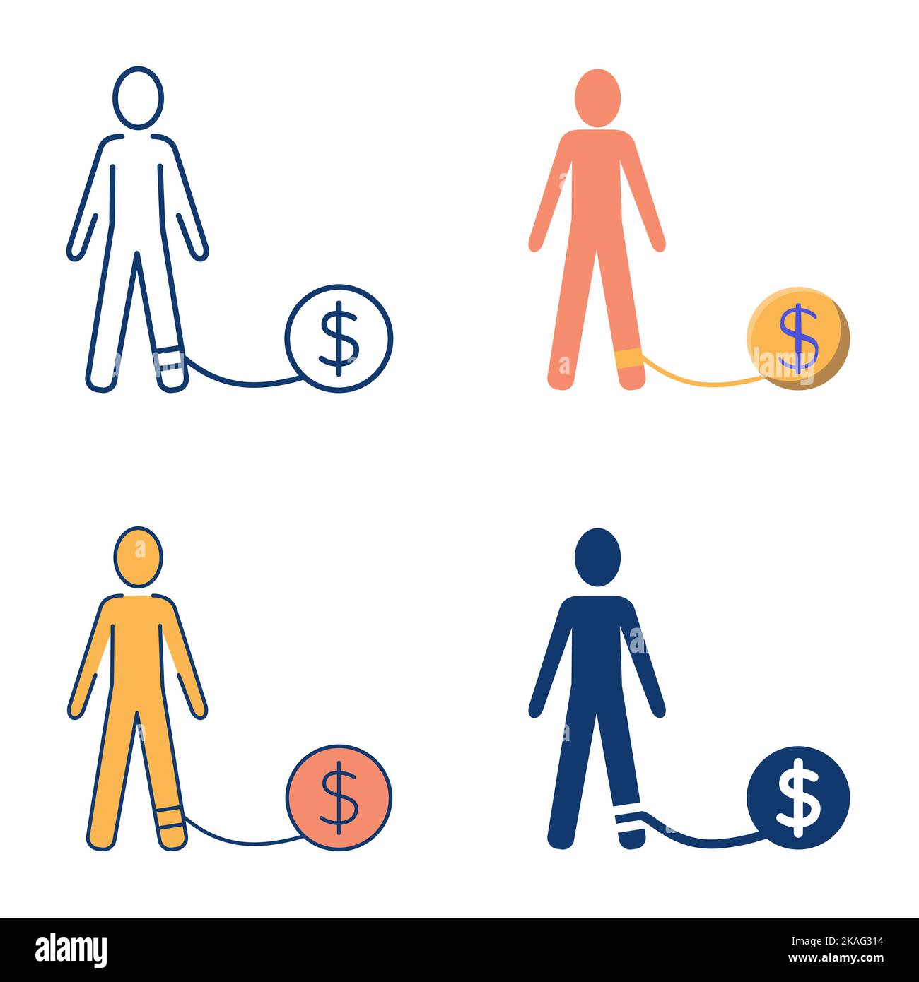 Debt icon set in flat and line style. Man with ball and chain, with ...