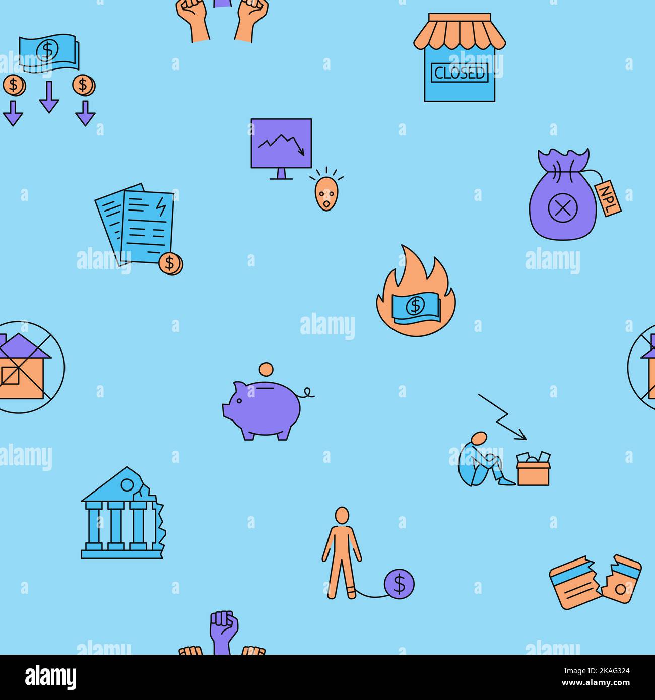 Financial crisis seamless pattern in colored line style. Economic ...