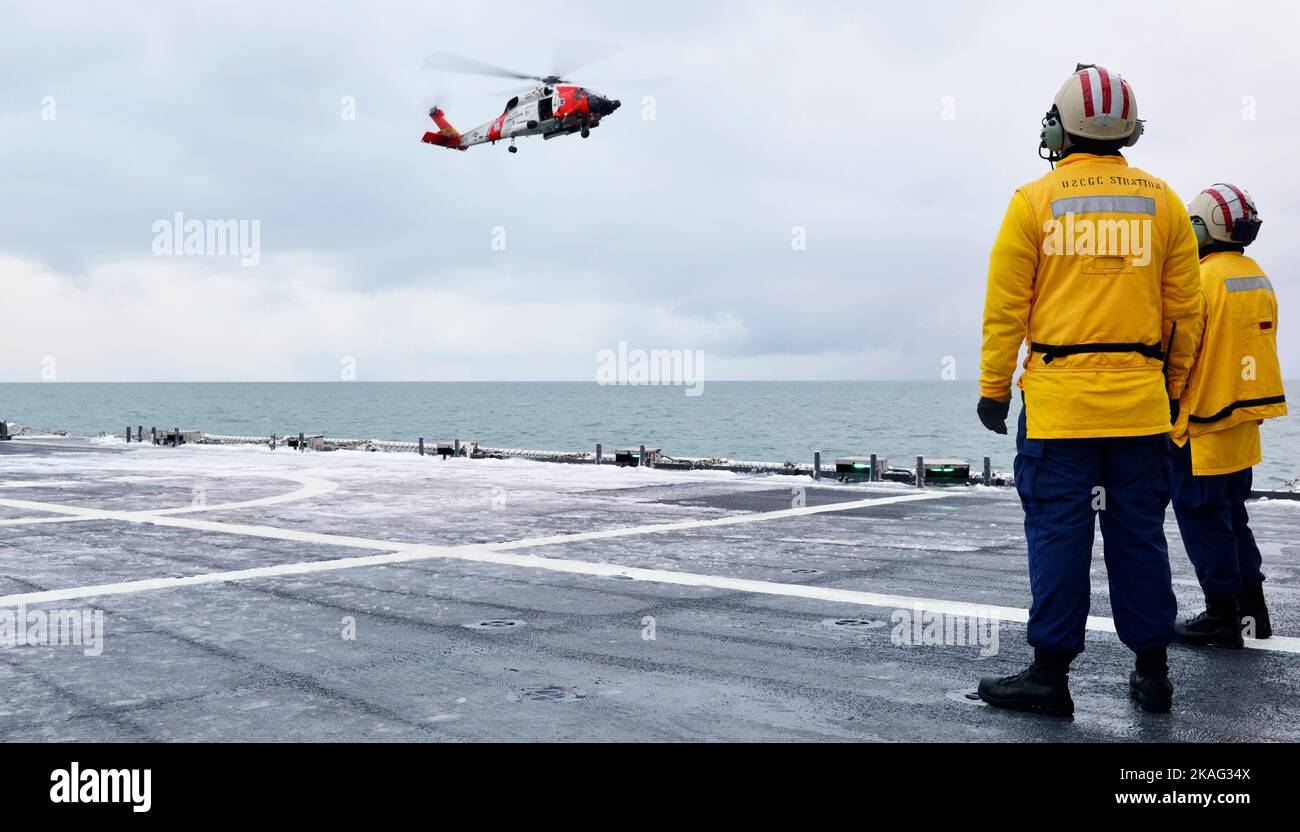 Crew members aboard USCGC Stratton (WMSL 752) conduct flight operations ...