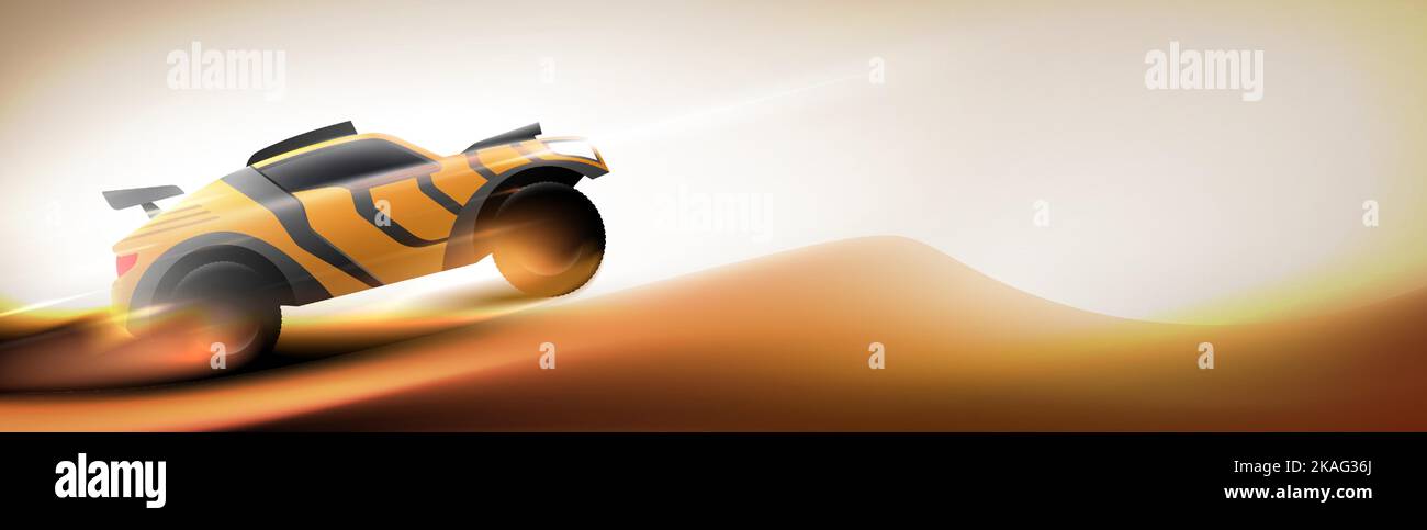 Yellow rally sports car bashing and jumping in desert on panoramic ...