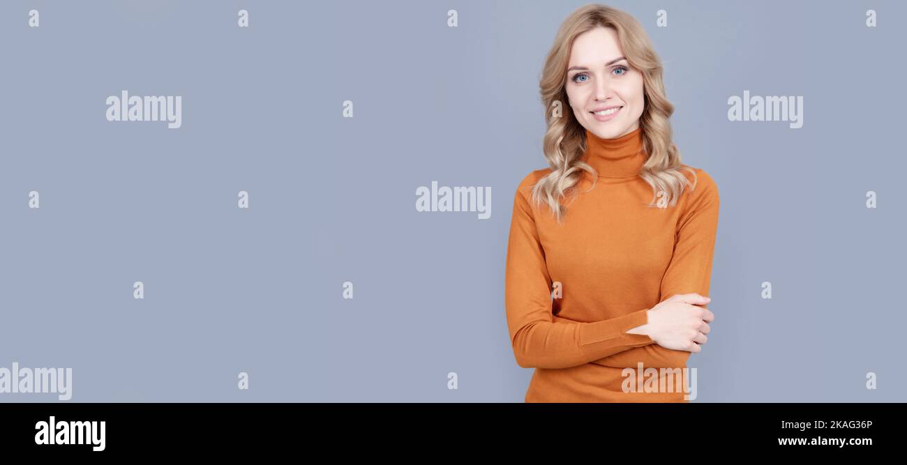 Woman portrait, isolated header banner with copy space. cheerful blonde ...