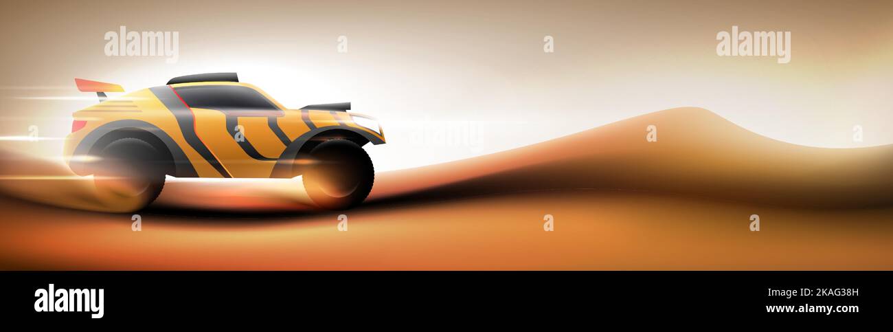 Yellow extreme sports car rushing in desert on a panoramic sunny sandy ...