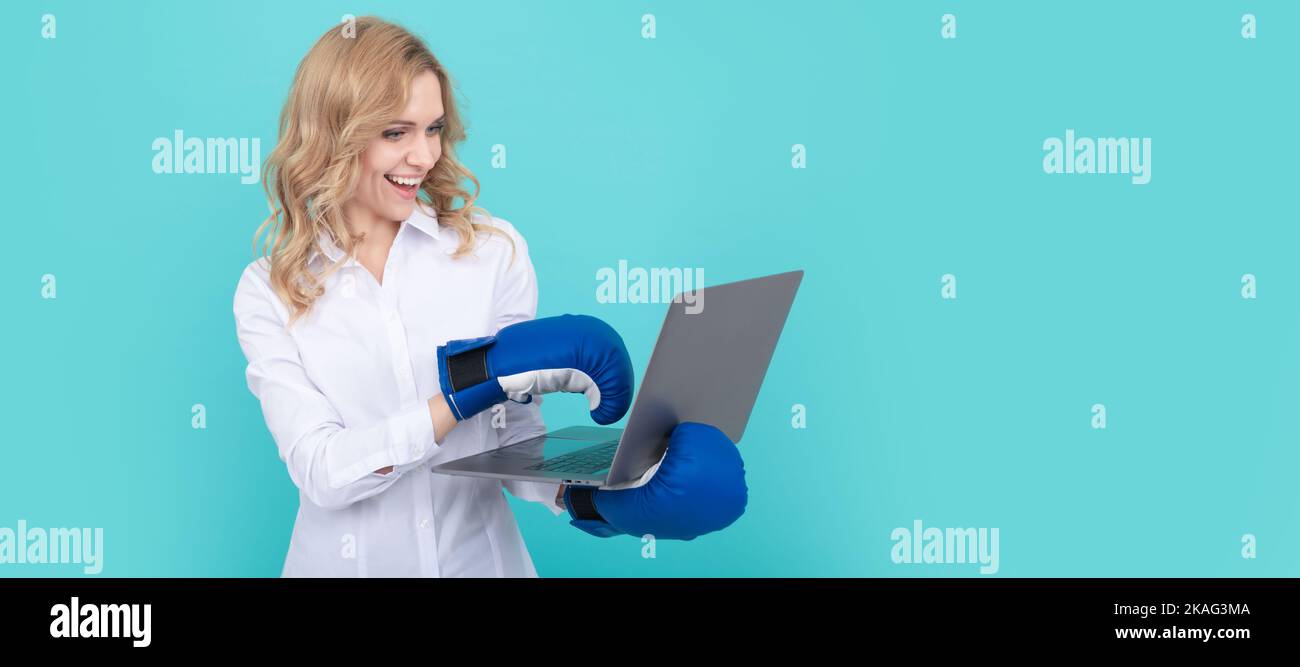 Woman isolated face portrait, banner with mock up copy space. ceo watching championship. woman ...