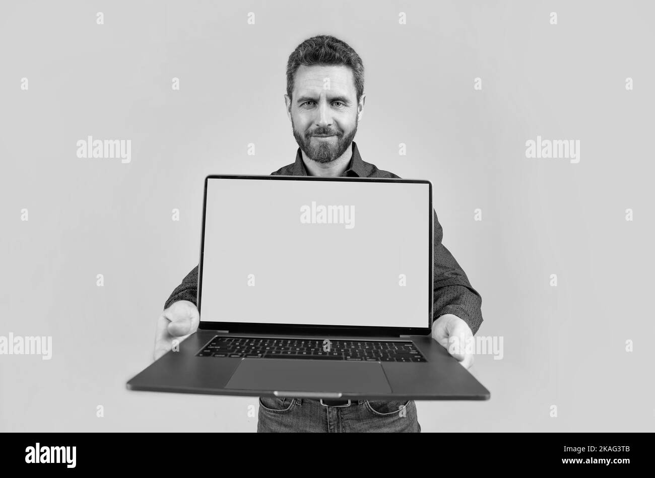 office manager ready for video conference. smiling man showing green ...