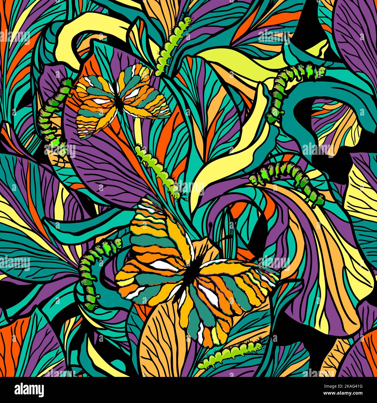 Seamless pattern multicolored irises with butterflies. Vector ...