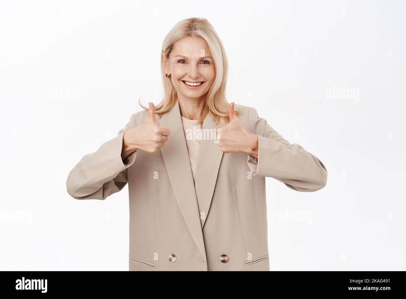 Happy smiling blond mature woman, healthy middle aged lady showing ...