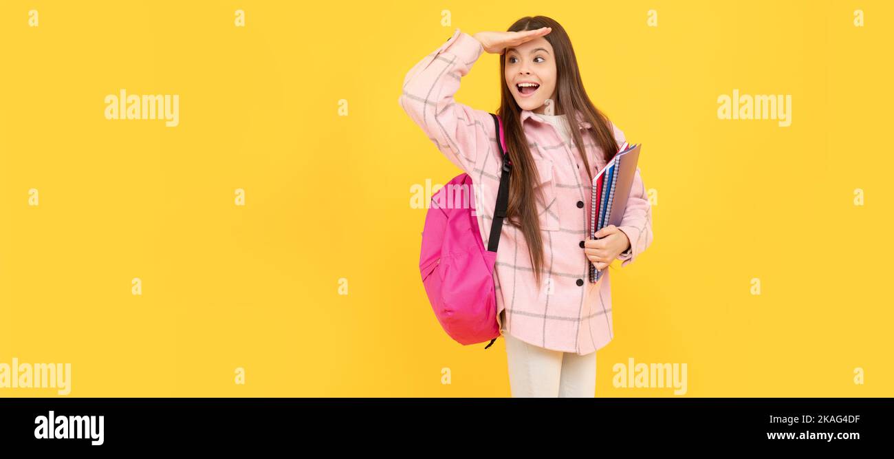 happy kid girl wear pink checkered shirt carry school bag and notebooks ...