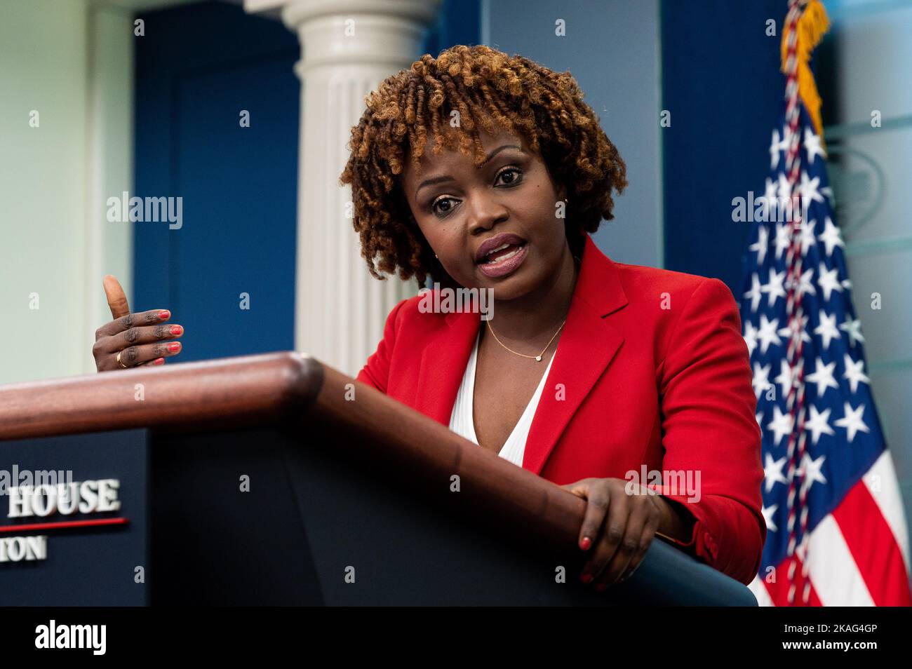 White House Press Secretary Karine Jean-Pierre speaking at a press ...