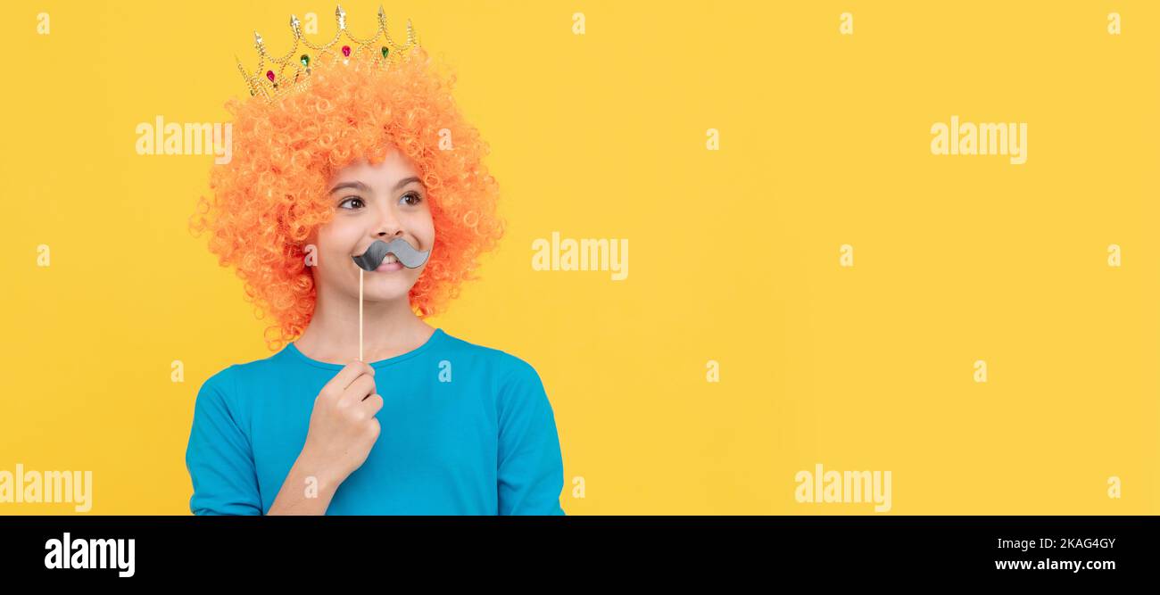 new style. funny child with party moustache. selfish teen girl in tiara ...