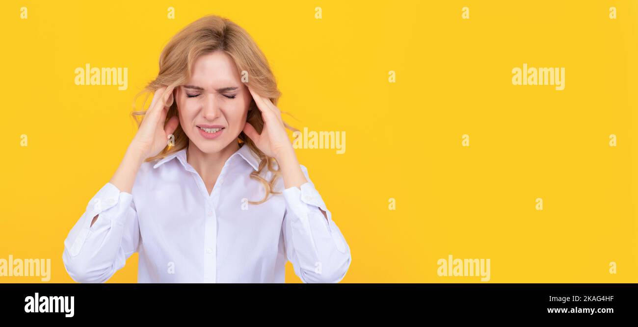 Managing migraine at work. Woman boss suffer from headache. Migraine ...