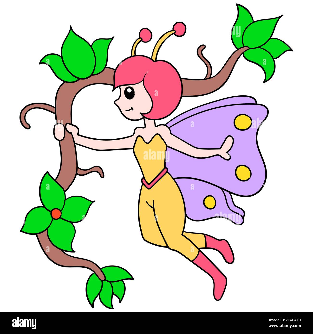 A cartoon doodle of a fairy holding a tree branch with green leaves ...