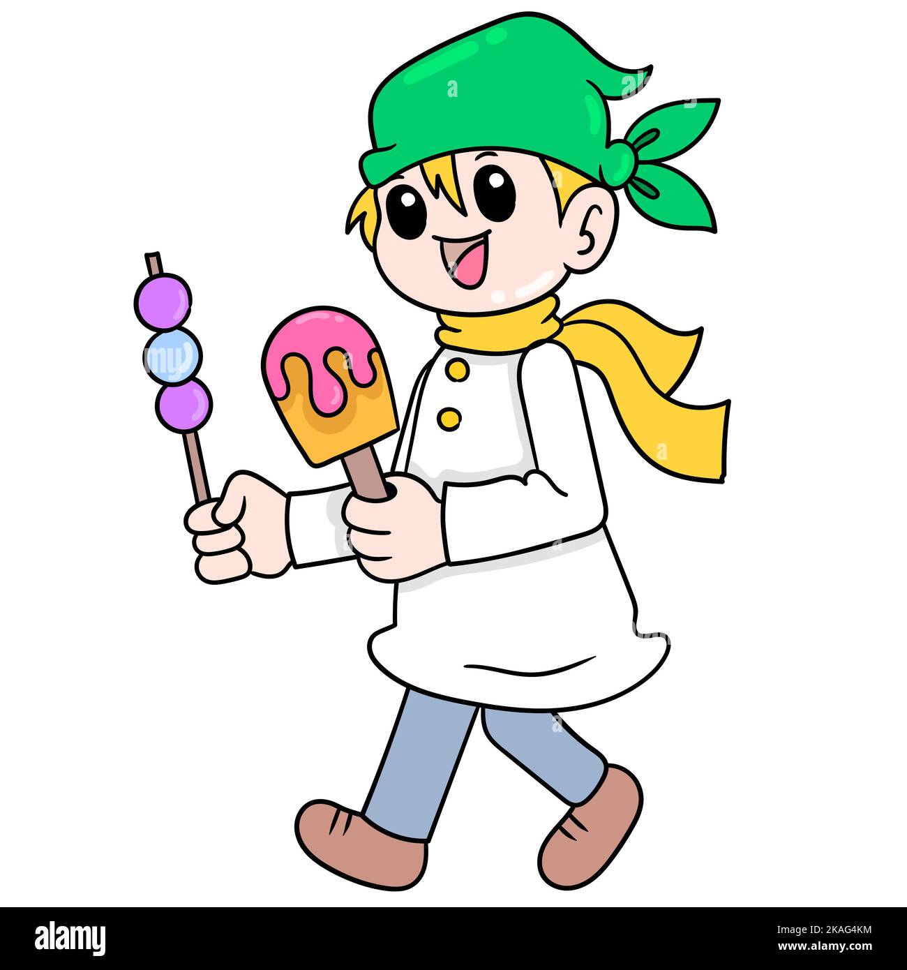 A doodle cartoon character of a happy boy eating candy and ice-cream ...