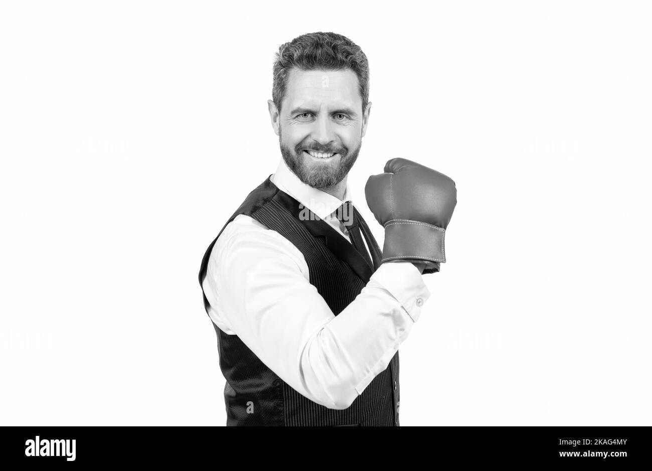 happy guy in boxing gloves and formalwear isolated on white background ...