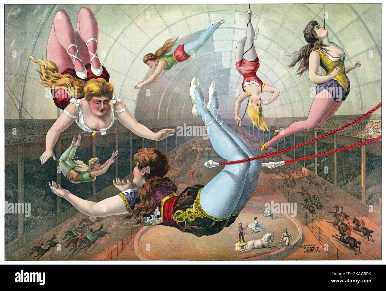 Old Circus Poster - Female acrobats on trapezes at circus, Horse Races below - Circus performers ...
