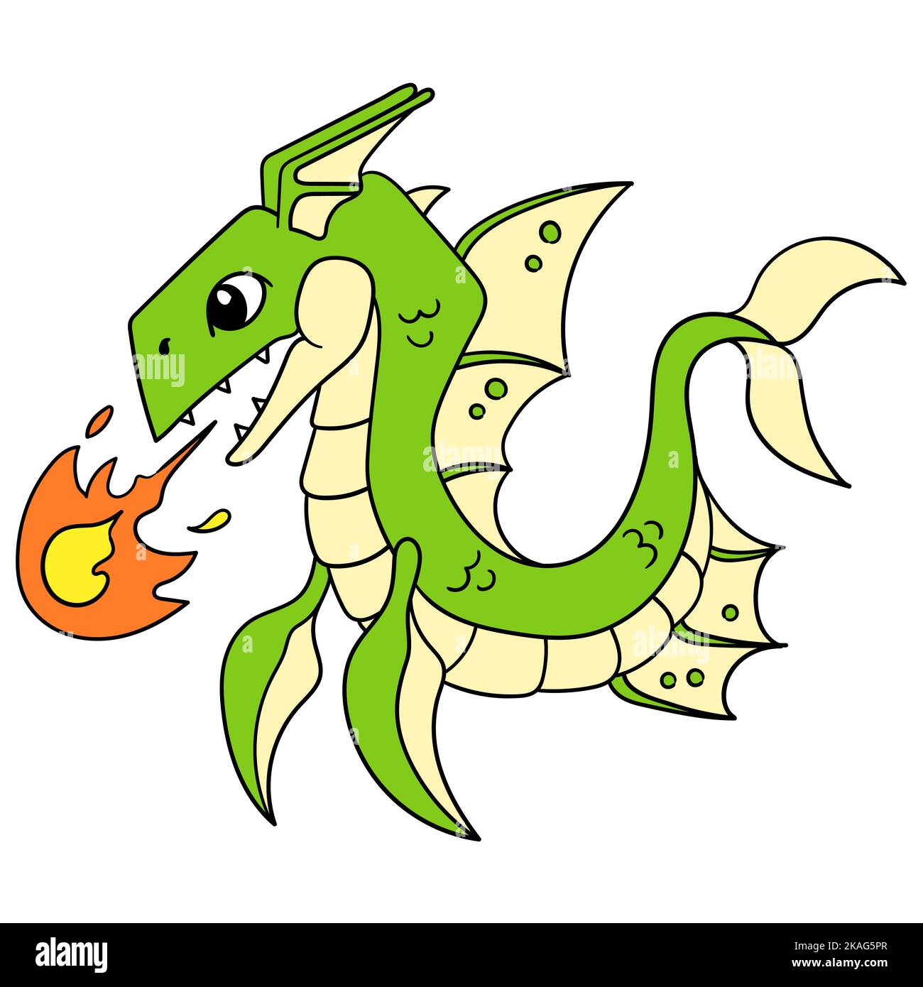 A doodle cartoon character of a green fire-breathing dinosaur isolated ...