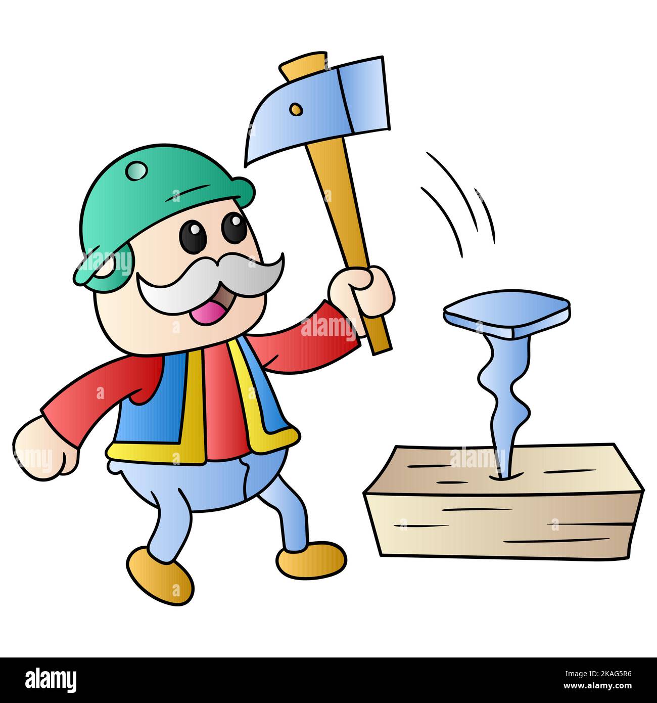 A cute doodle cartoon character of an old worker hammering a nail in ...