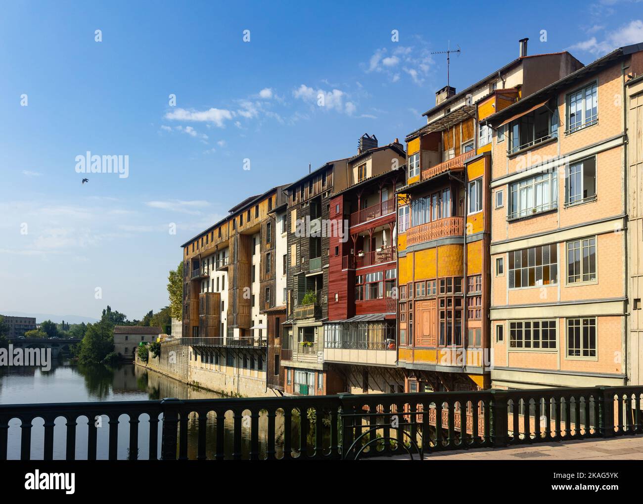 Typical colorful townhouses on bank of Agout river in Castres Stock ...