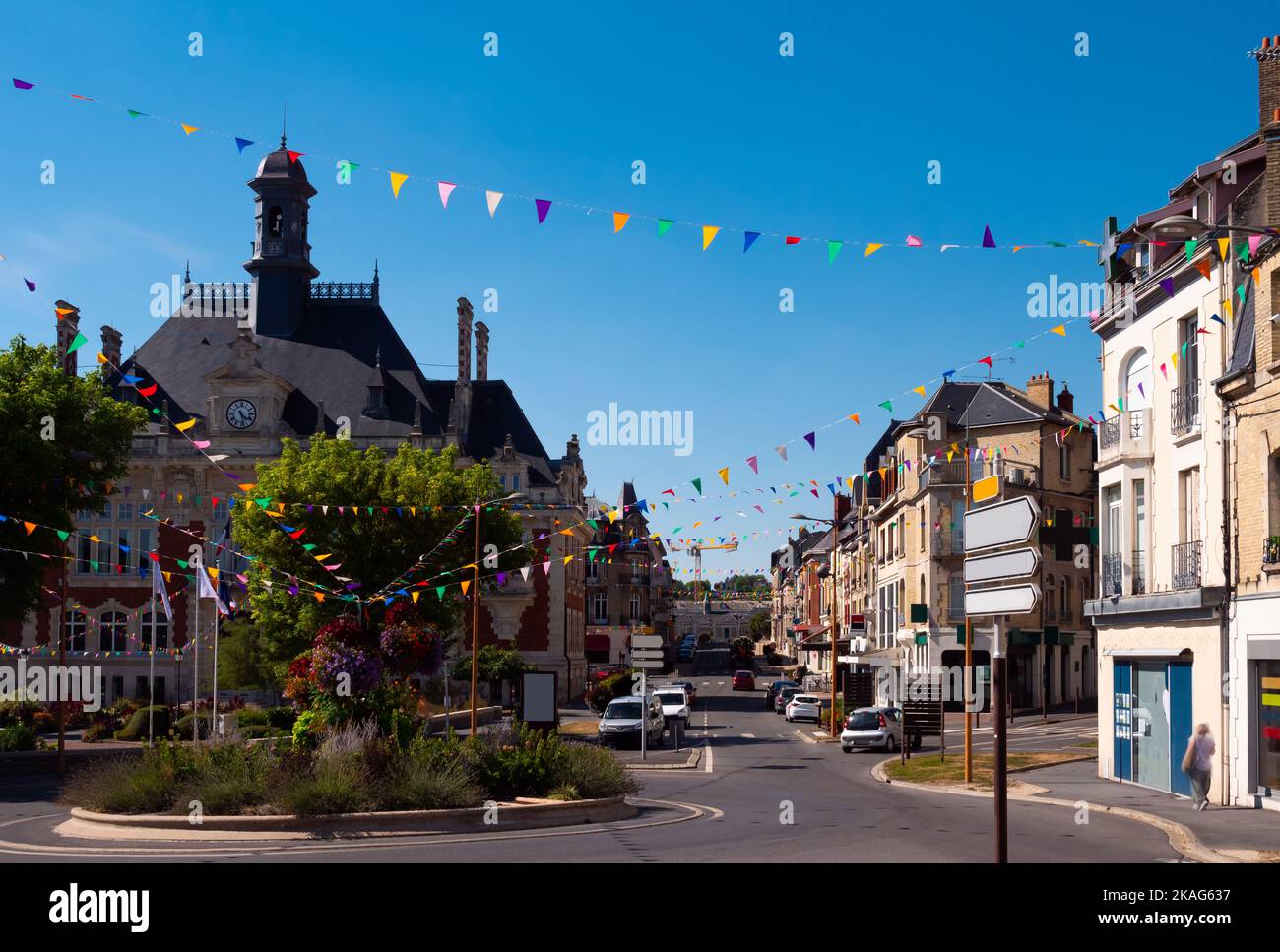Summer view of Rethel streets overlooking Town hall with belfry Stock ...