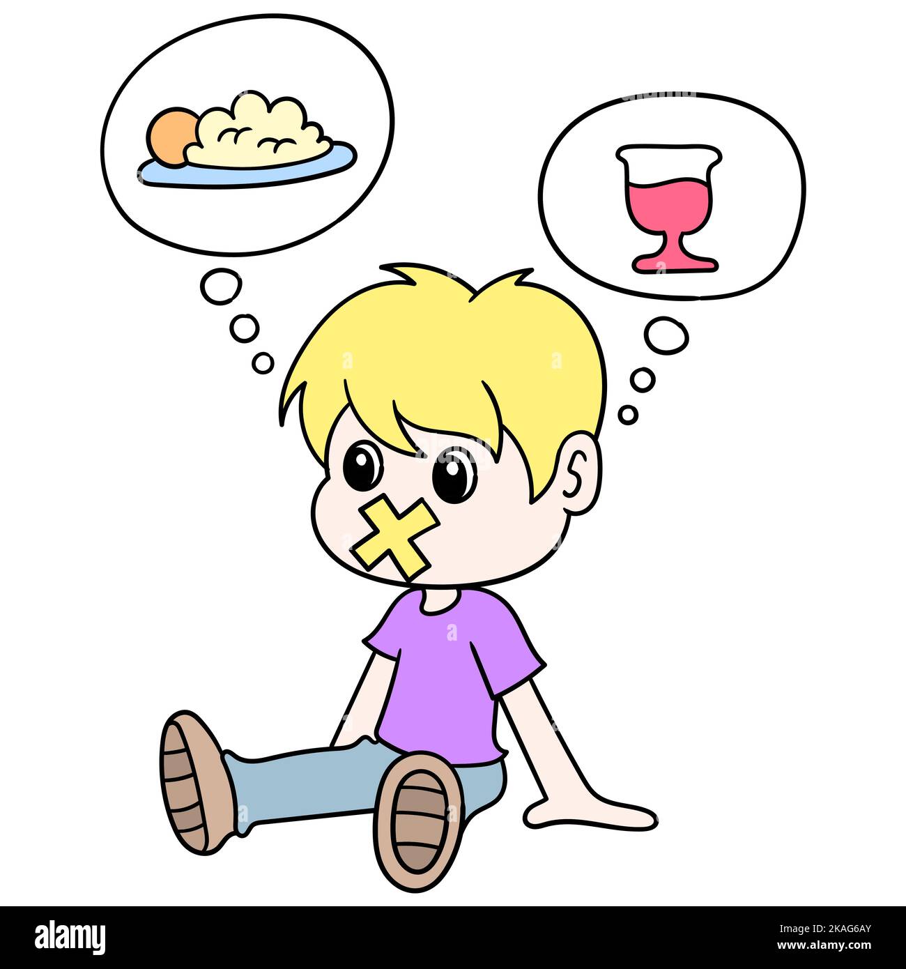 A cartoon doodle of a boy with a pacifier thinking about food and drink ...