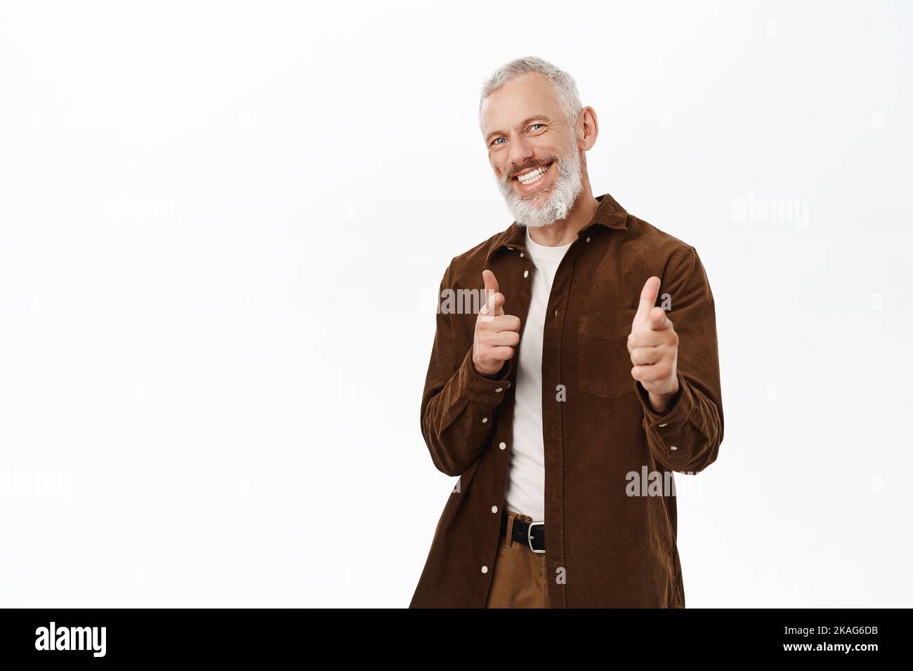 Congrats, well done. Smiling handsome senior man, mature male model ...