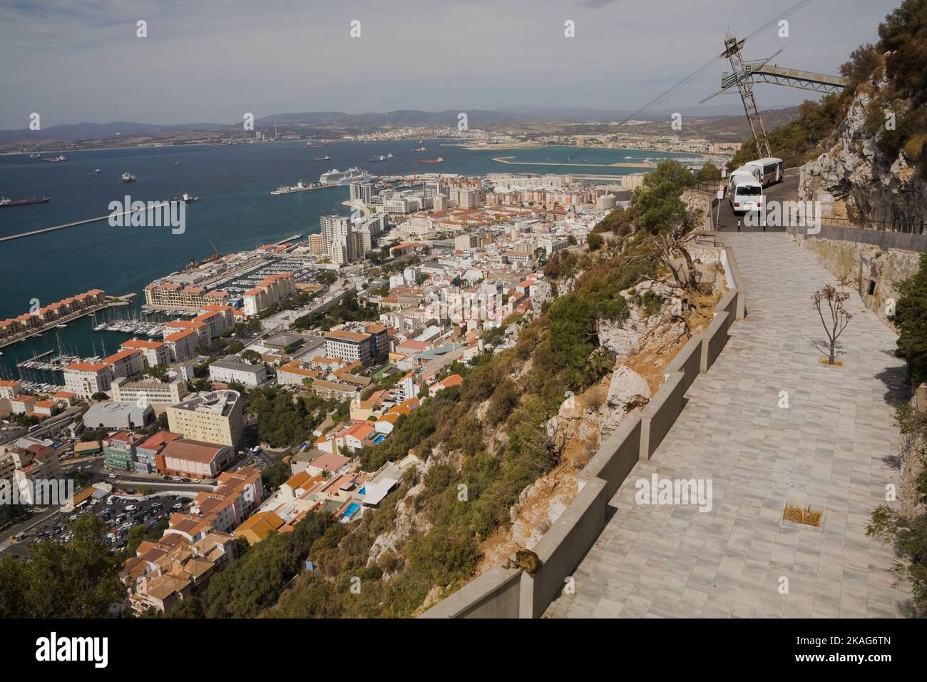 Promenade and road above the Gibraltar city skyline, harbour and bay ...