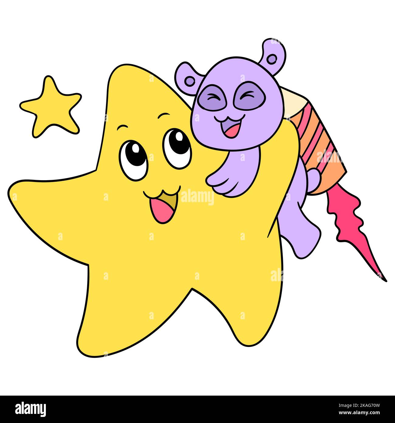 A cute doodle of a star and a bear flying on a rocket hugging each ...