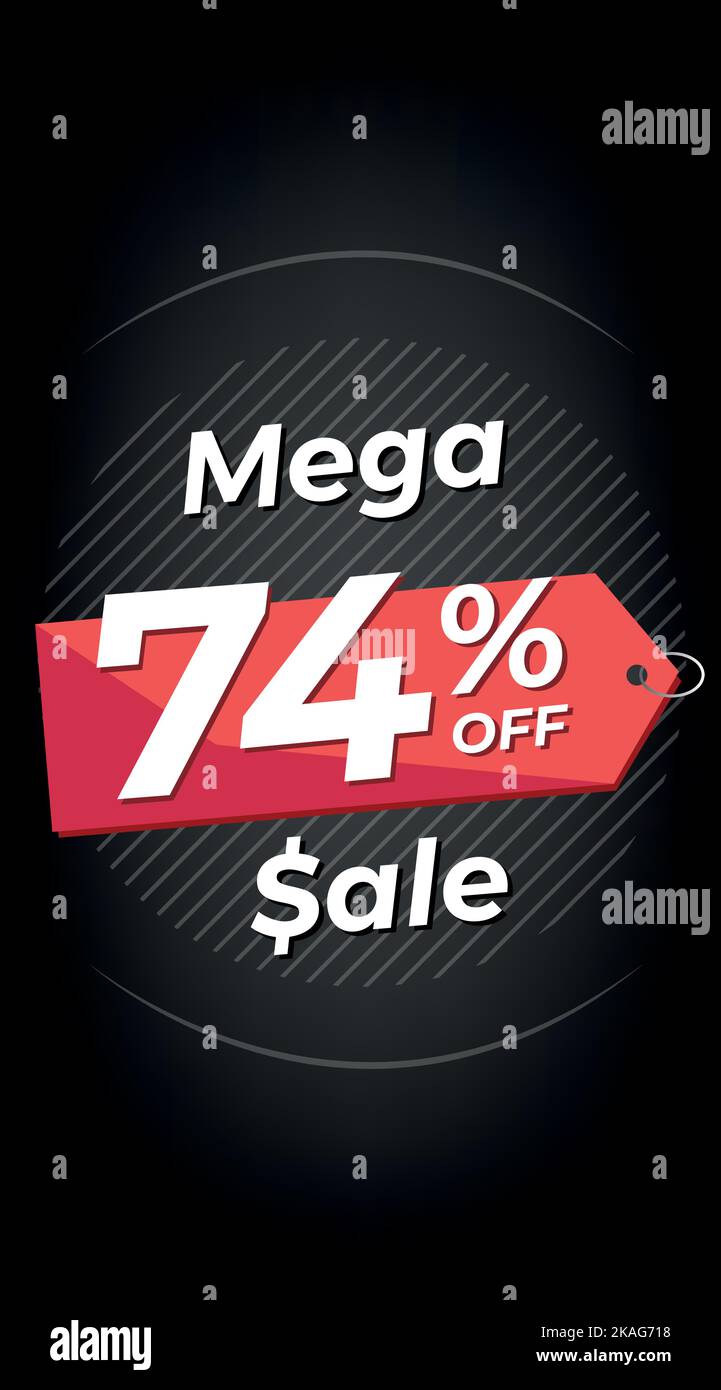 74% off. Black discount banner with seventy-four percent. Advertising ...