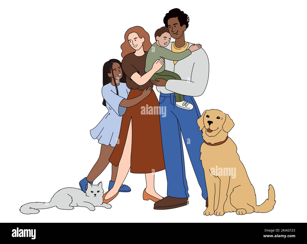 Flat smiling parents and children embracing each other. Happy family ...