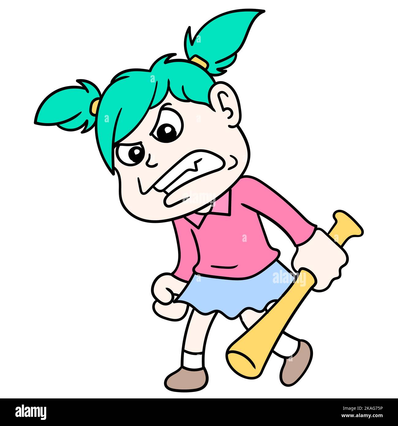 A doodle of an angry girl cartoon character holding a wooden bat Stock ...