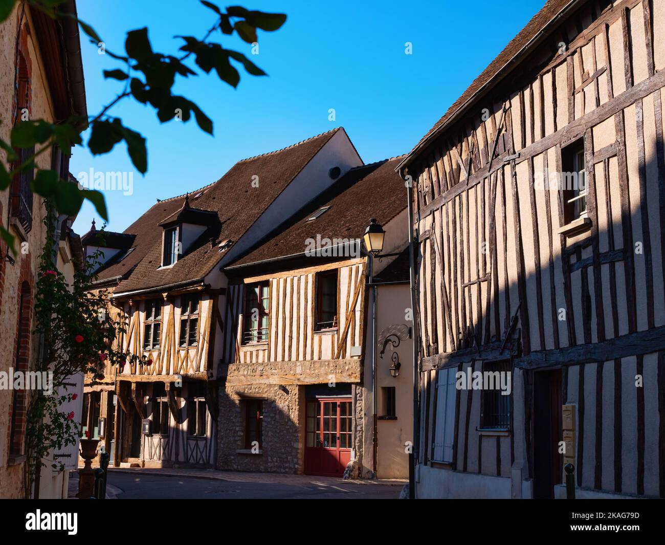 Medieval half-timbered houses on streets in French town of Provins ...