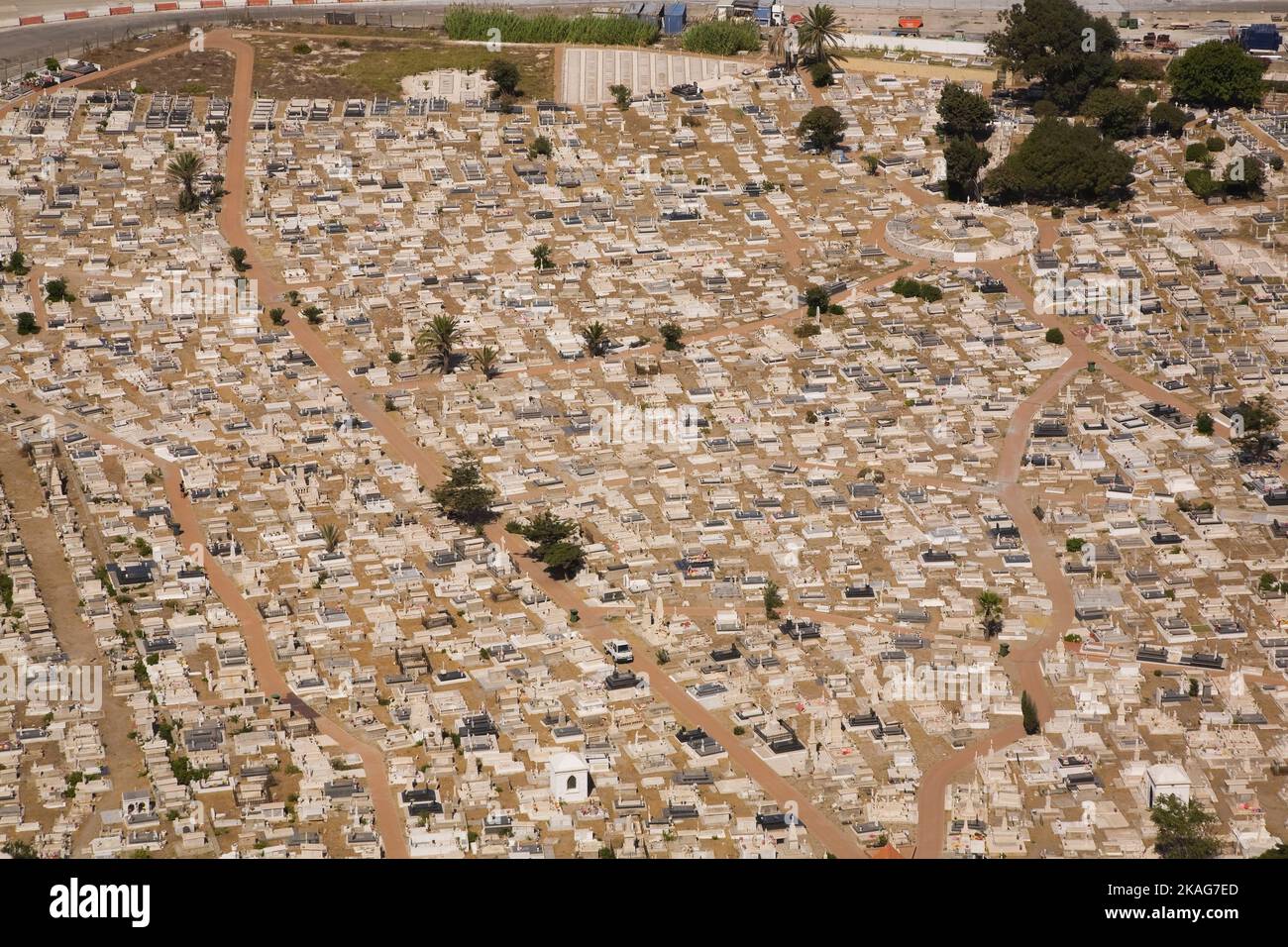High angle view of the North Front Cemetery in the city of Gibraltar ...
