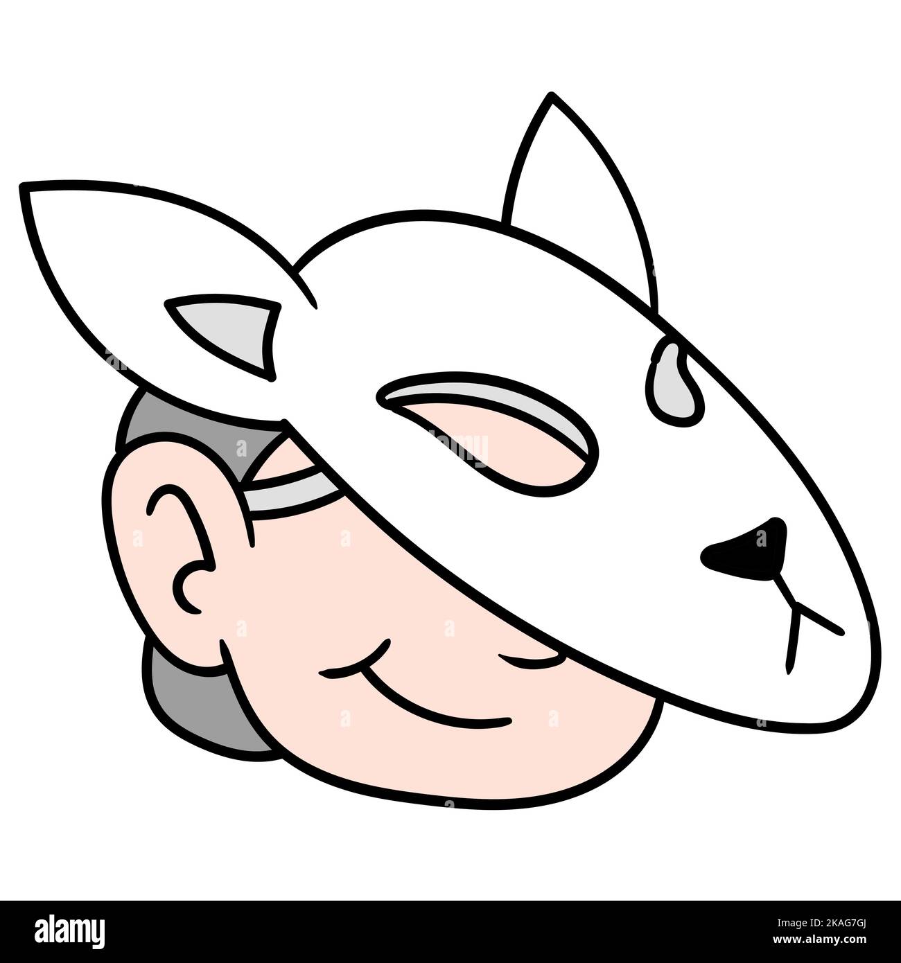 A cute doodle cartoon character of a smiling girl wearing a cat mask ...
