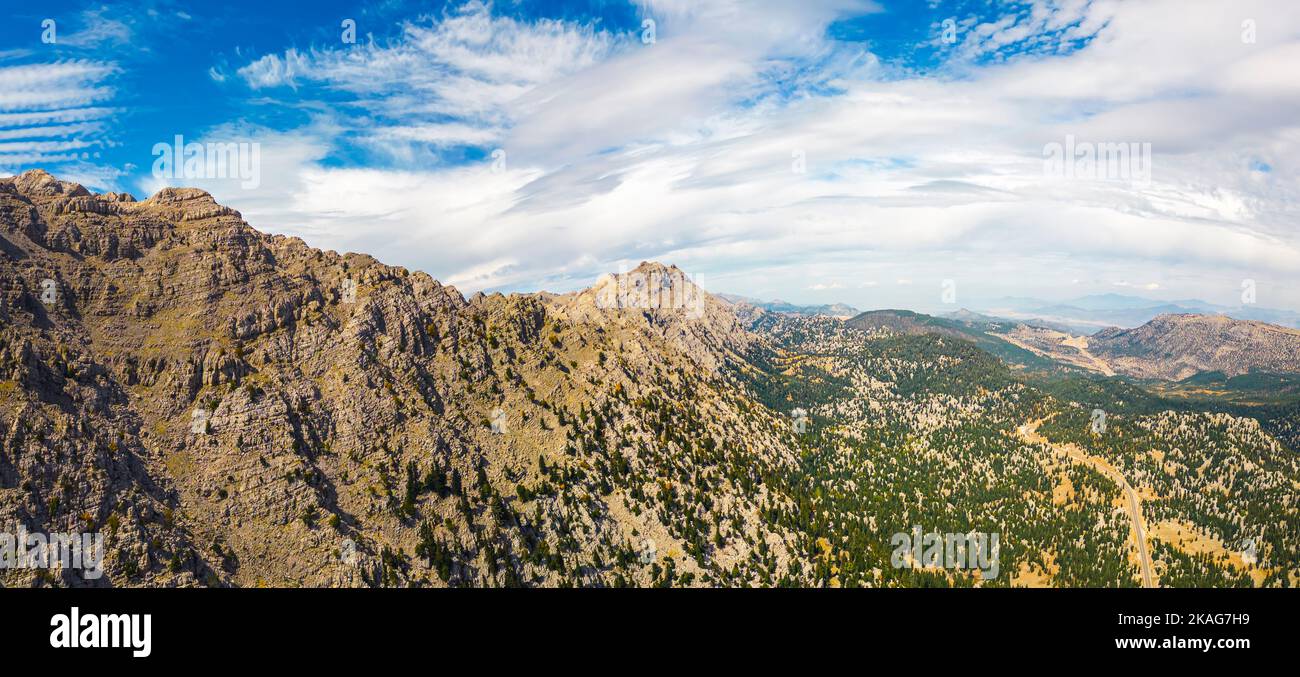 Panoramic drone view of the magnificent Taurus mountains peaks and a ...