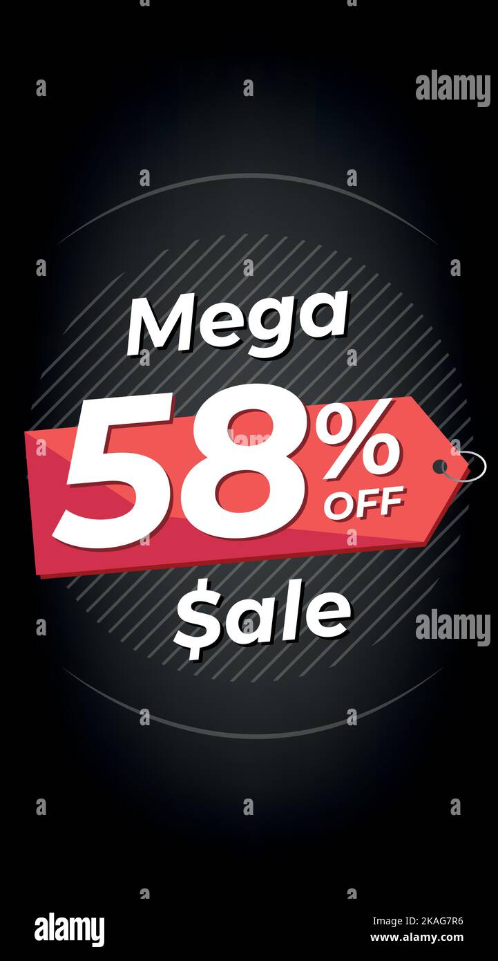 58% off. Black discount banner with fifty-eight percent. Advertising ...
