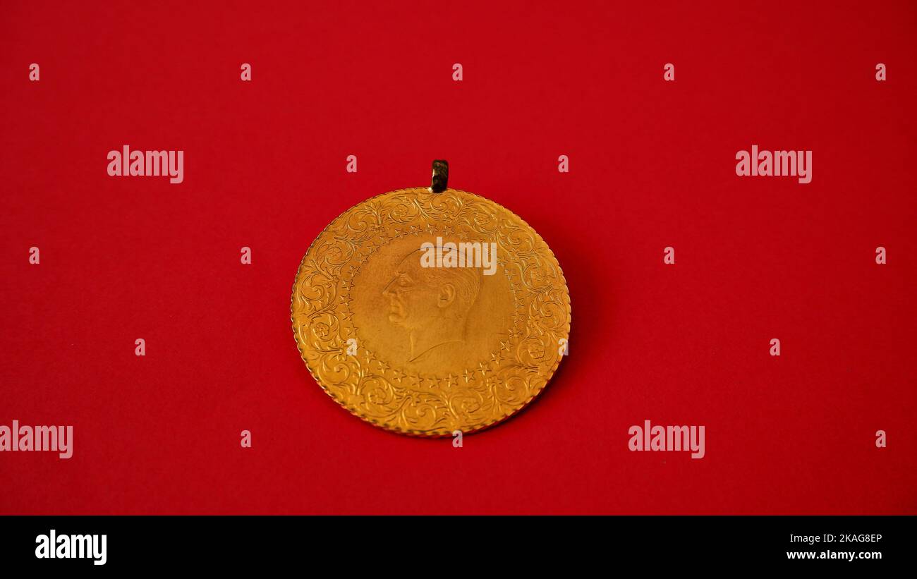 Turkish gold coin, Turkish gold coin on the red or vermilion background ...