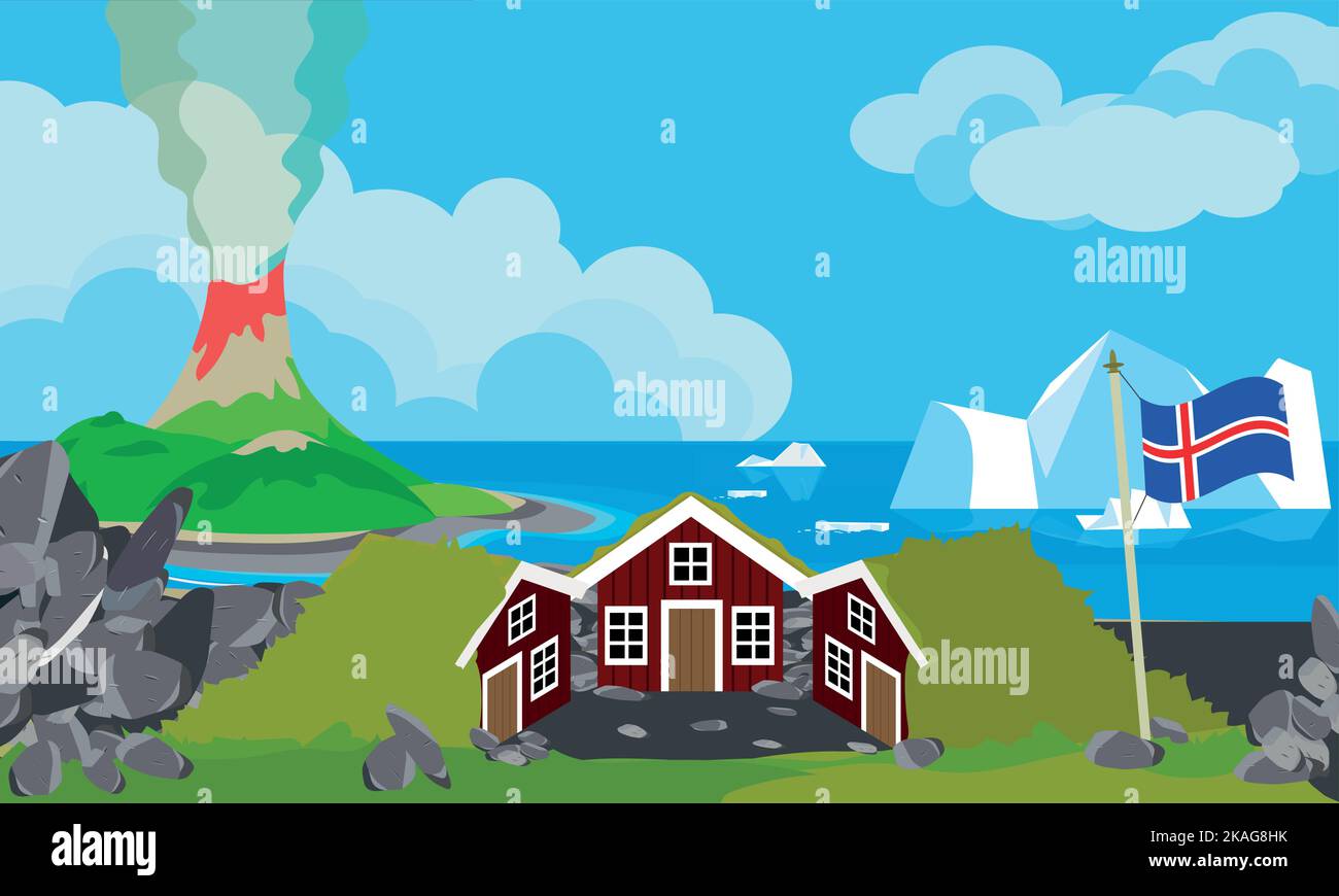 Colorful rural Icelandic houses on the background of the ocean and the ...