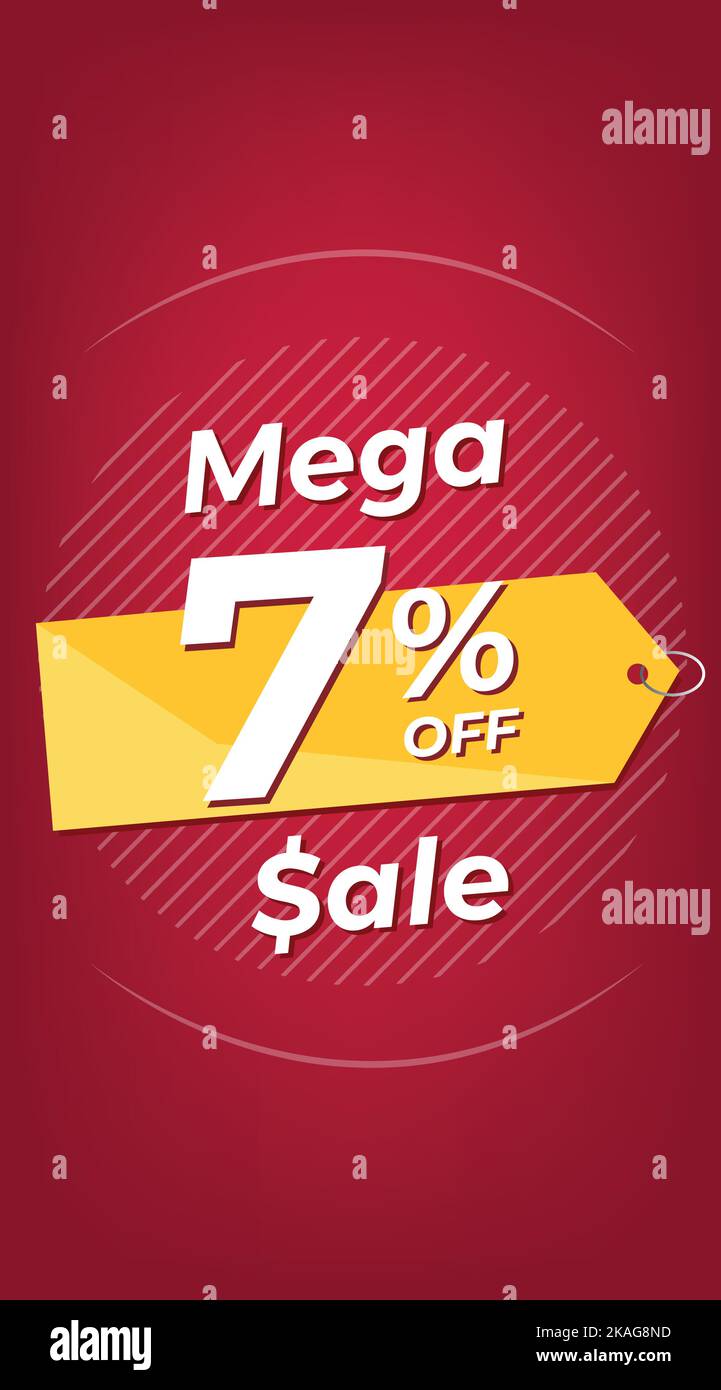 7% off. Red discount banner with seven percent. Advertising for Mega ...