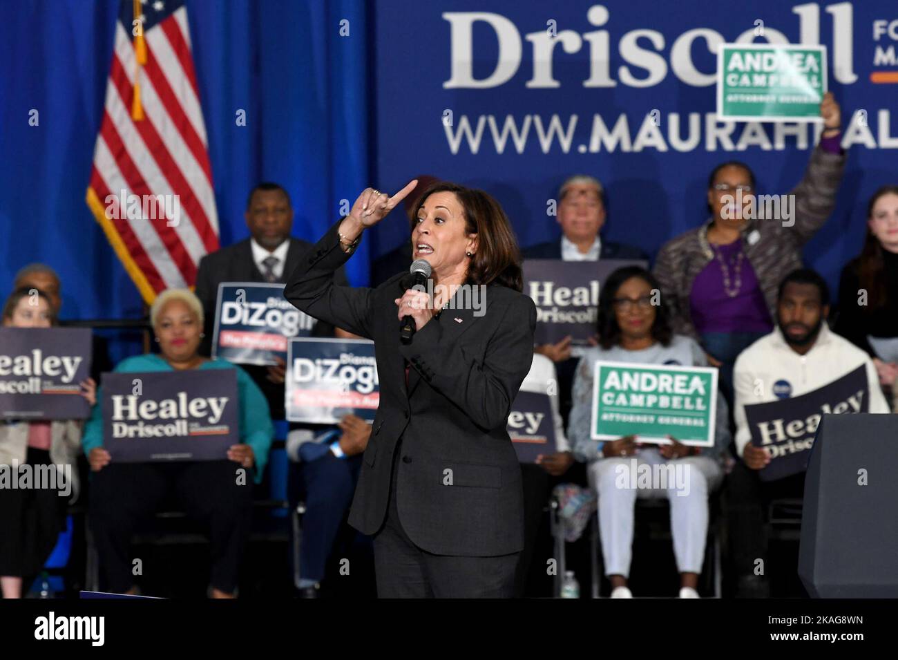 US Vice President Kamala Harris speaks during a political rally ...