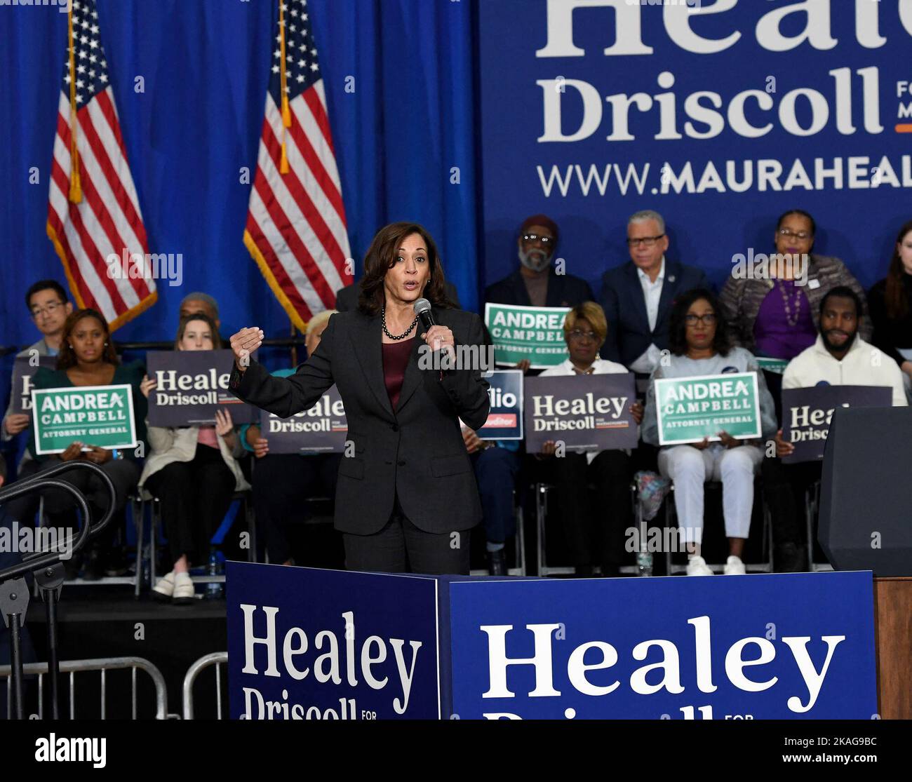 US Vice President Kamala Harris speaks during a political rally ...