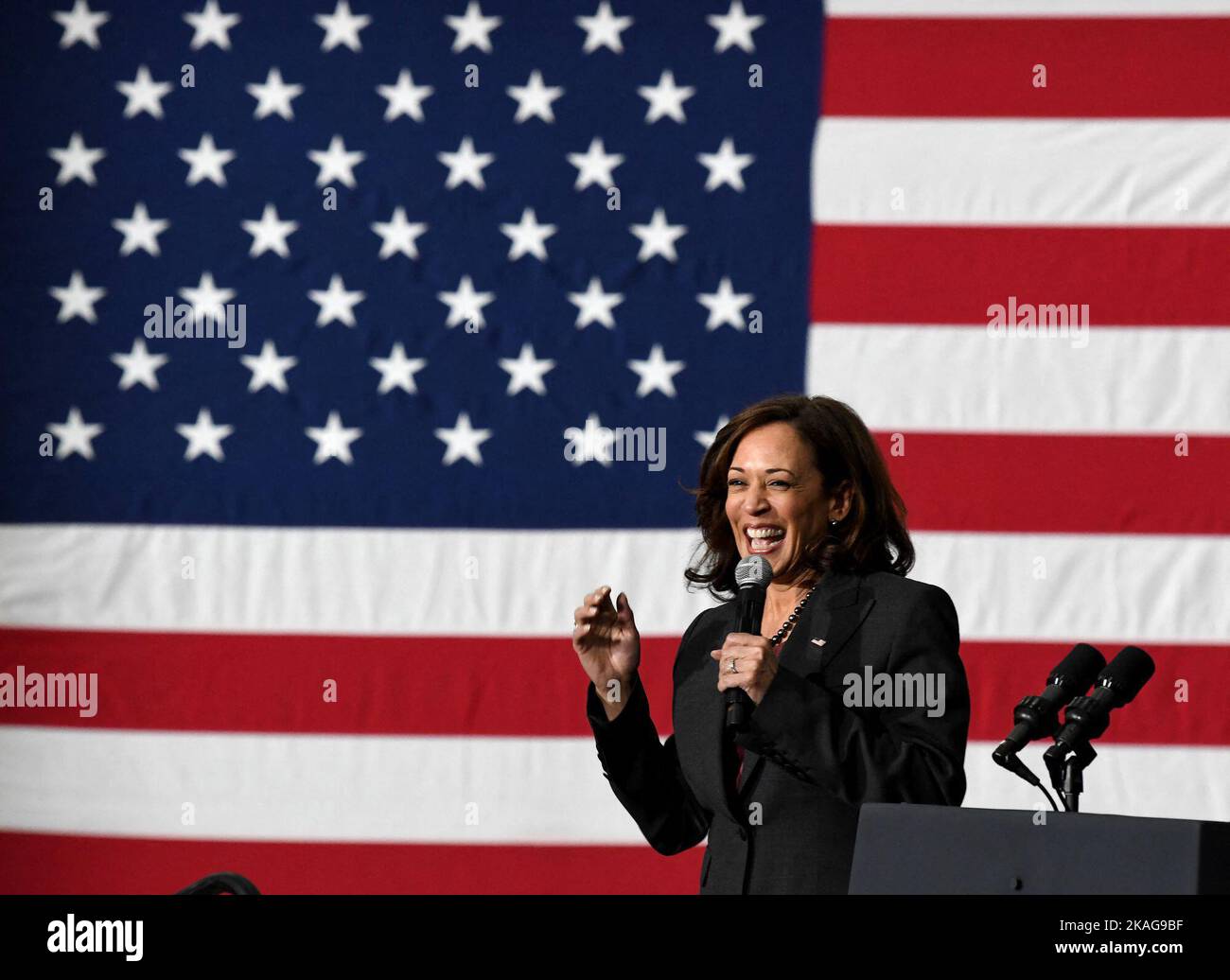 US Vice President Kamala Harris speaks during a political rally ...