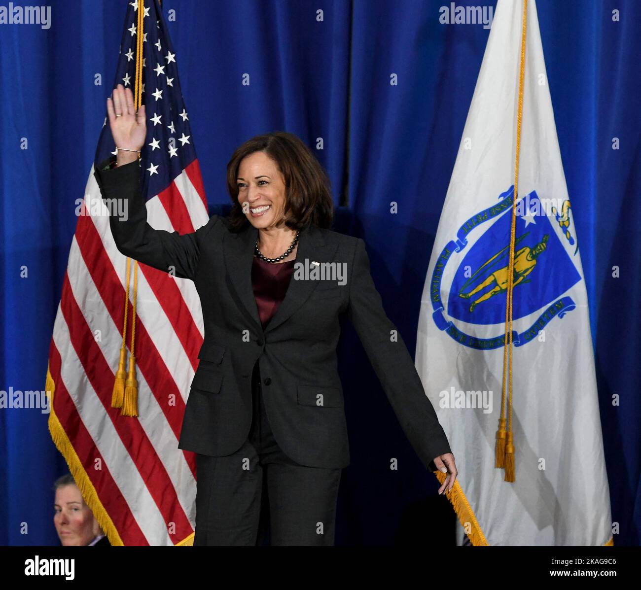 US Vice President Kamala Harris walks onto the stage at a political ...