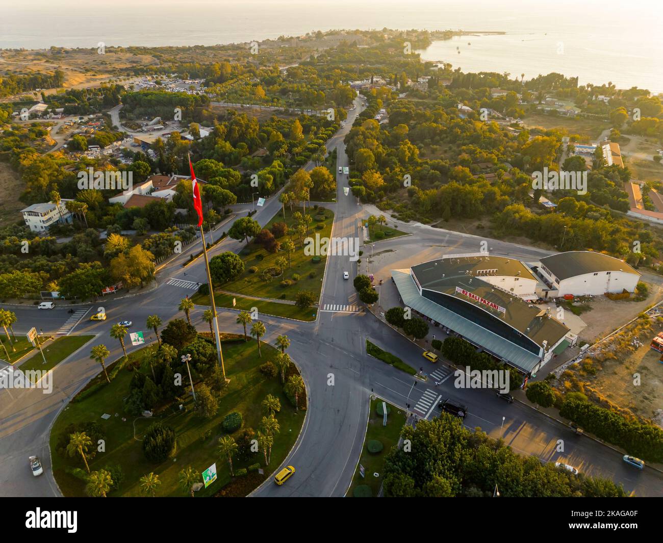 Aerial top view of the streets and roads of Side, a resort antique town ...