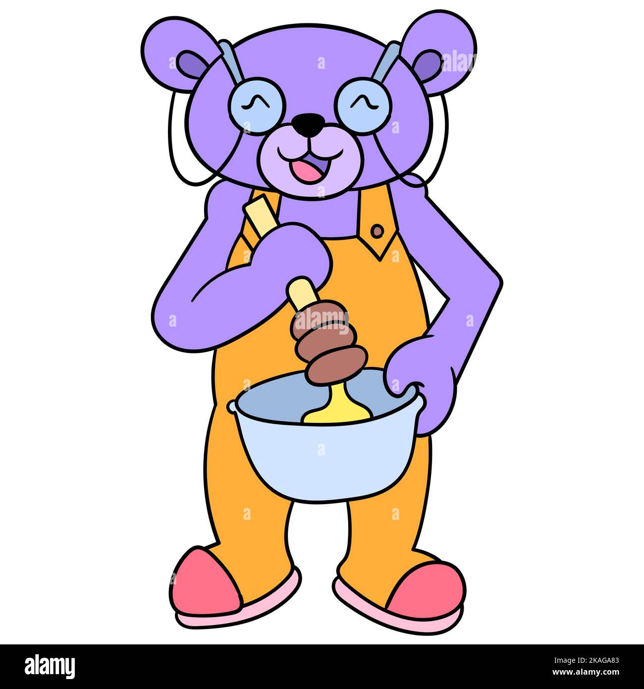 A cute doodle cartoon character of a happy bear making a cake on a ...